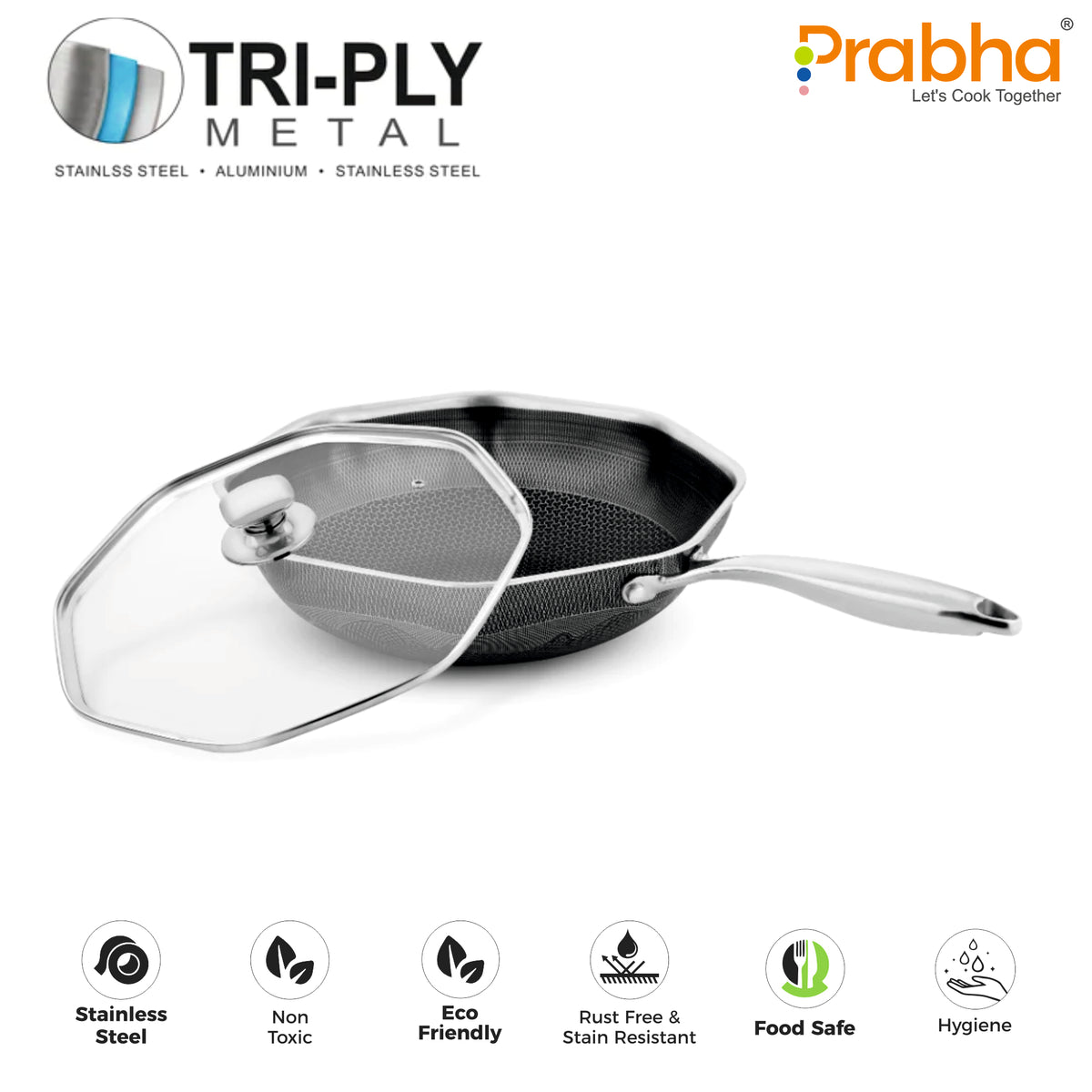 Triply Hexa Cube Octa Pan Wih Lid, 32CM | Prabha Steel