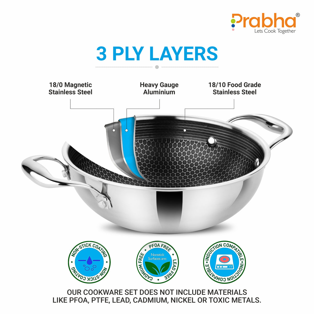 Tri-Ply Stainless Steel Hexa Cube, Non-Stick Coating Kadhai, Glass Lid ...