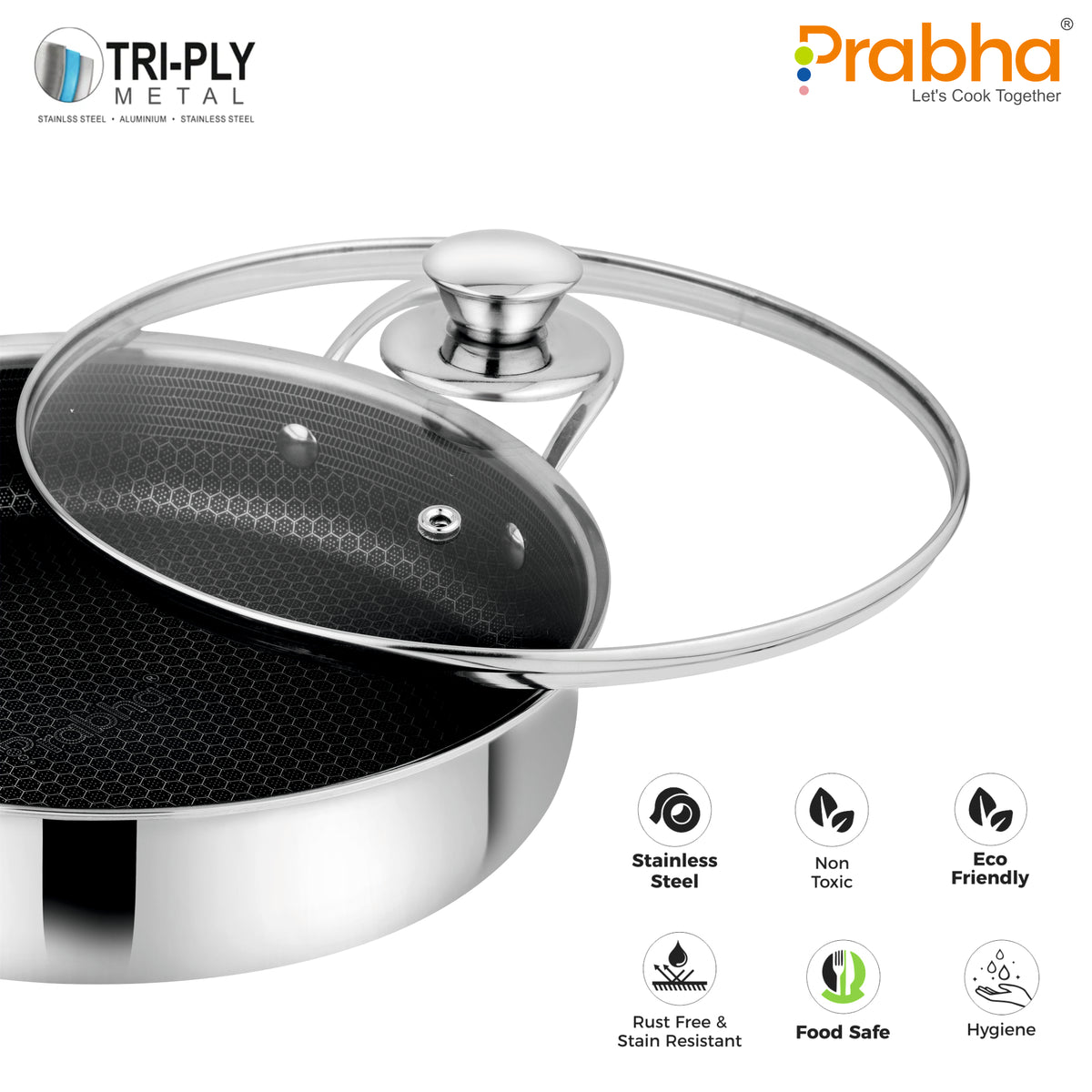 Stainless Steel Triply Hexa Cube Saute Pan With Lid | Prabha Steel ...