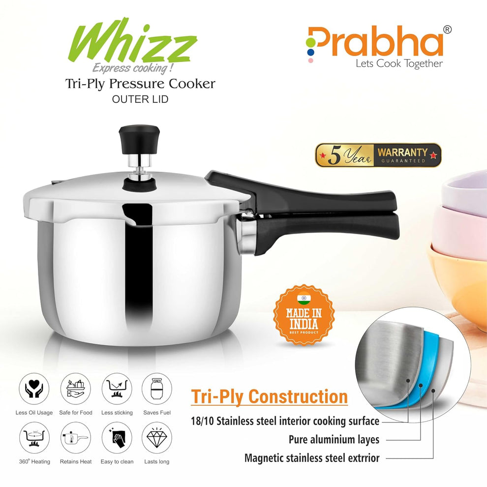 Triply Stainless Steel Whizz Outer Lid Pressure Cooker | Prabhasteel