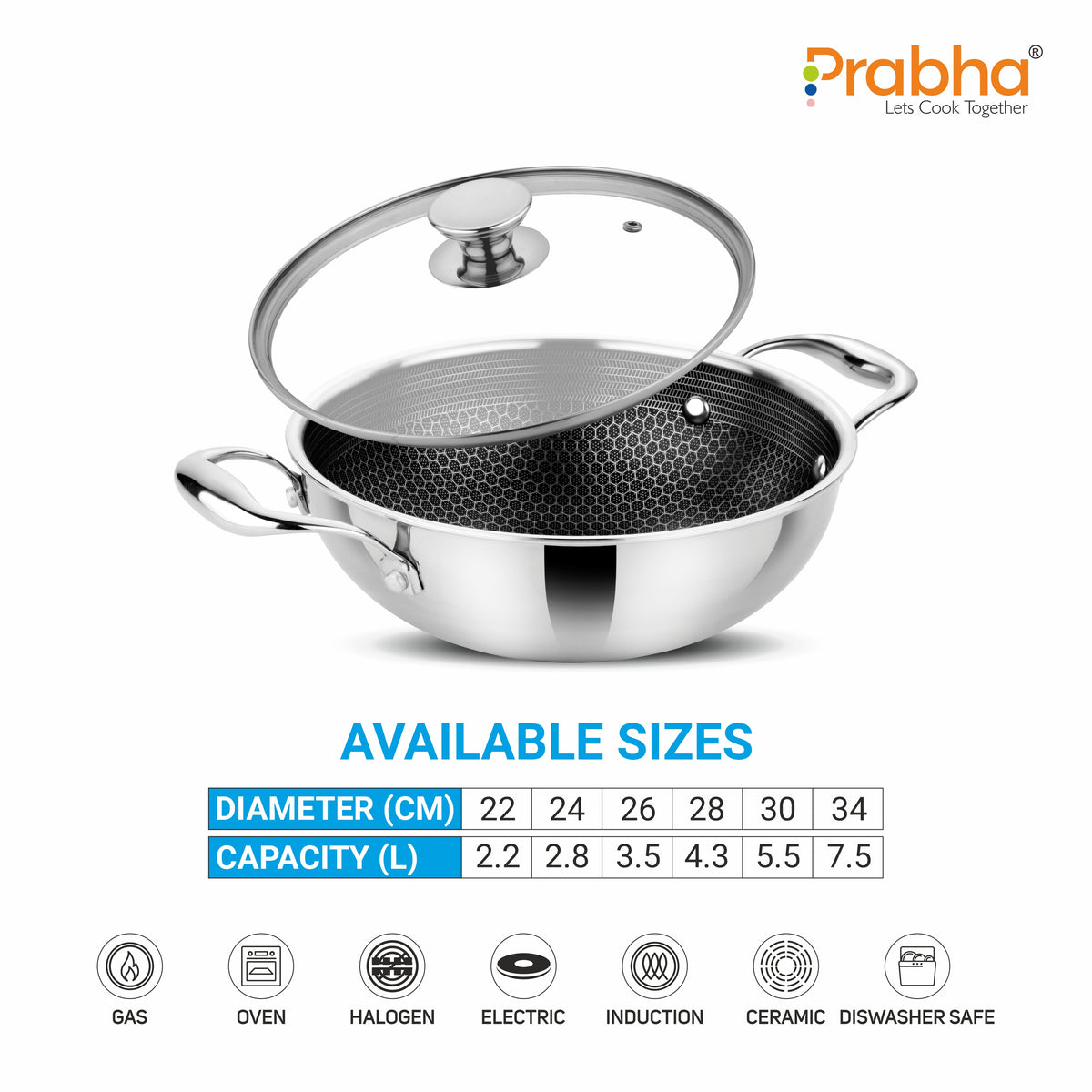 Tri-Ply Stainless Steel Hexa Cube, Non-Stick Coating Kadhai, Glass Lid ...