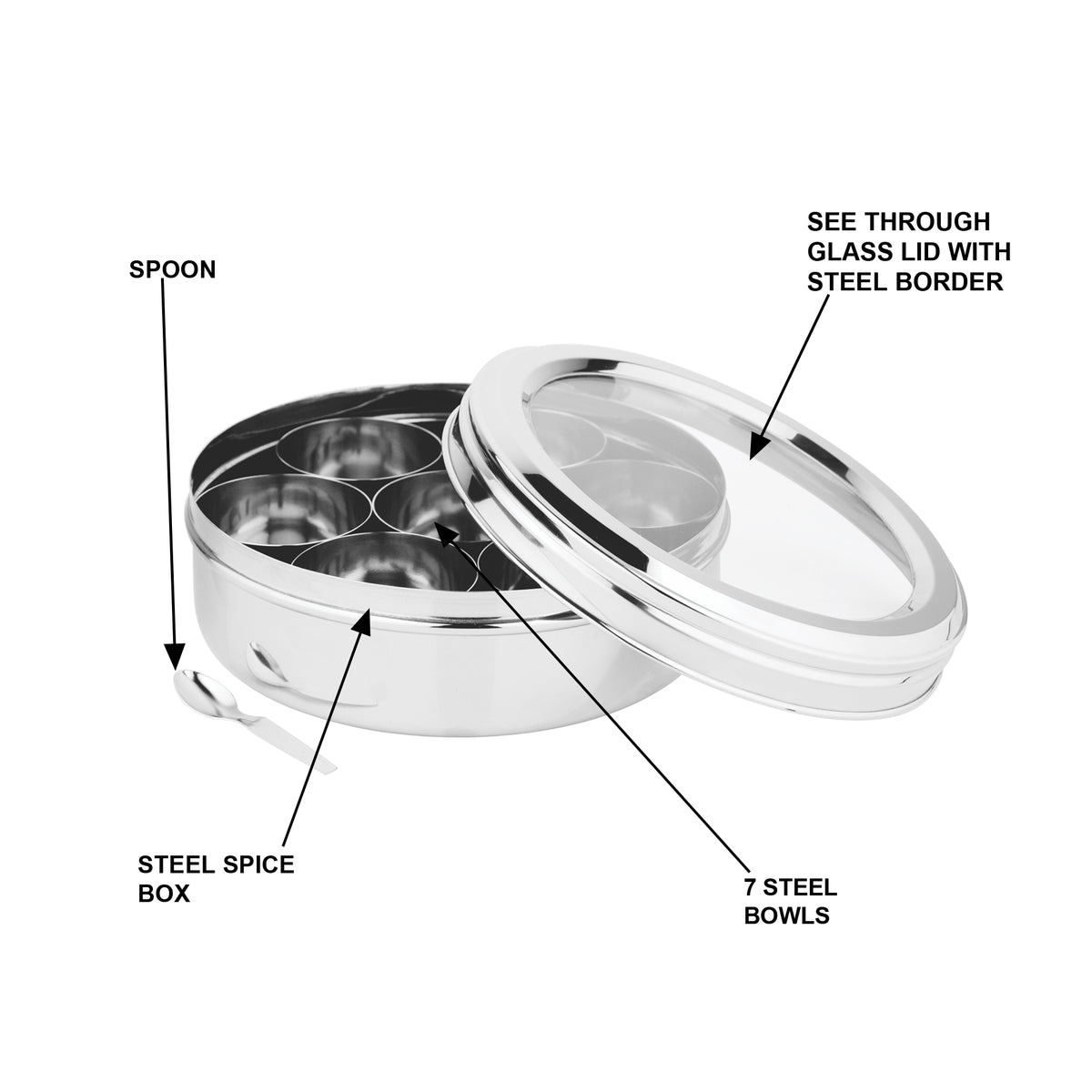 Stainless Steel Eye Candy Spice Box, See Through Glass Lid, 7 Spice ...