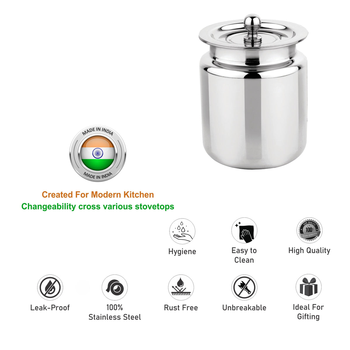 Stainless Steel Stello Ghee Pot, Oil Pot With Steel Lid | Prabhasteel